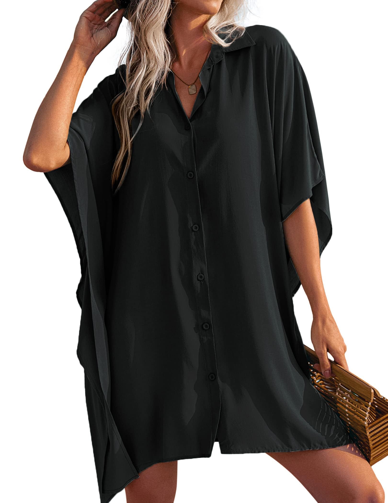 Ekouaer Women's Cover Up Button Down Coverup Shirt Bathing Suit Cover up Beachwear,Small