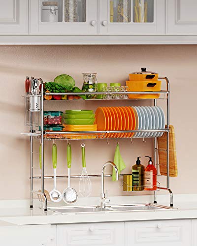 Ace Teah Over The Sink Dish Drying Rack 2-Tier Large Over Sink Dish Rack for Kitchen Organizer, Above Sink Dish Drainer Stainless Steel with Utensil Holder Hooks, Silver