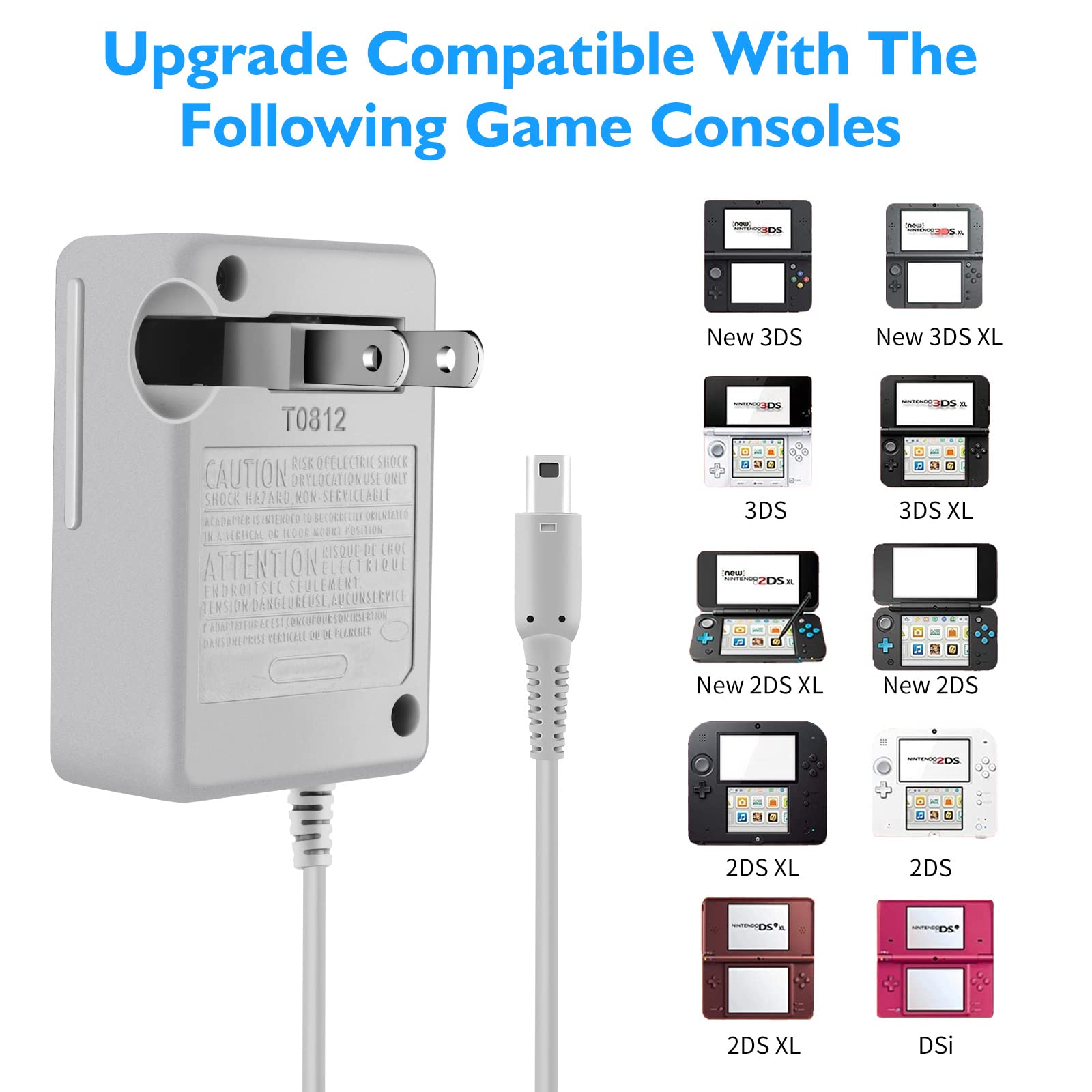 FIOTOK 3DS Charger, 3DS Charger Compatible with Nintendo 3DS/ New 3DS XL/DSi/DSi XL/2DS/ 2DS XL Wall Plug Adapter (100-240v)