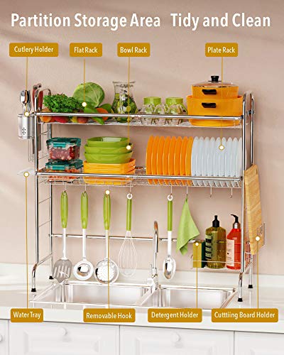 Ace Teah Over The Sink Dish Drying Rack 2-Tier Large Over Sink Dish Rack for Kitchen Organizer, Above Sink Dish Drainer Stainless Steel with Utensil Holder Hooks, Silver