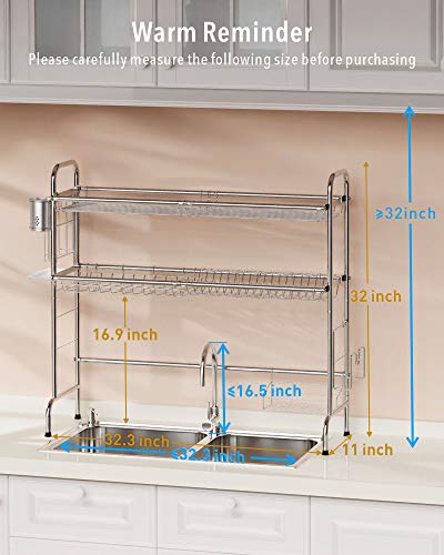 Ace Teah Over The Sink Dish Drying Rack 2-Tier Large Over Sink Dish Rack for Kitchen Organizer, Above Sink Dish Drainer Stainless Steel with Utensil Holder Hooks, Silver