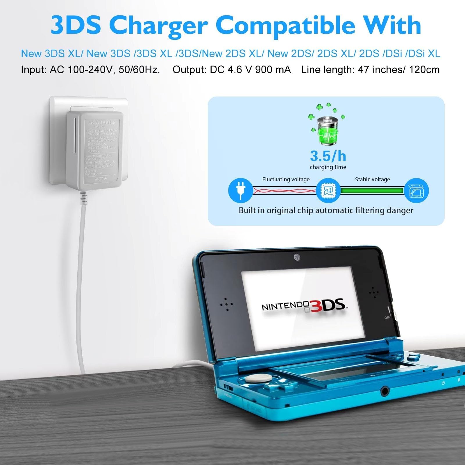 FIOTOK 3DS Charger, 3DS Charger Compatible with Nintendo 3DS/ New 3DS XL/DSi/DSi XL/2DS/ 2DS XL Wall Plug Adapter (100-240v)