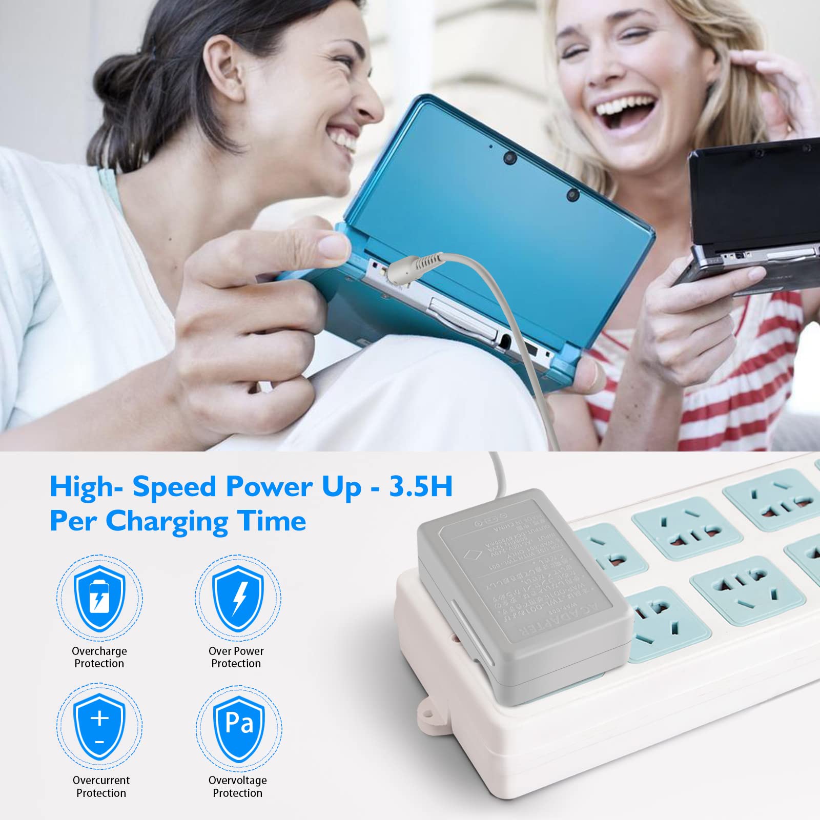 FIOTOK 3DS Charger, 3DS Charger Compatible with Nintendo 3DS/ New 3DS XL/DSi/DSi XL/2DS/ 2DS XL Wall Plug Adapter (100-240v)