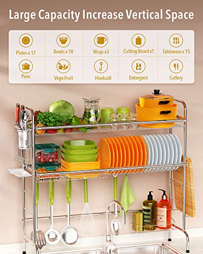 Ace Teah Over The Sink Dish Drying Rack 2-Tier Large Over Sink Dish Rack for Kitchen Organizer, Above Sink Dish Drainer Stainless Steel with Utensil Holder Hooks, Silver