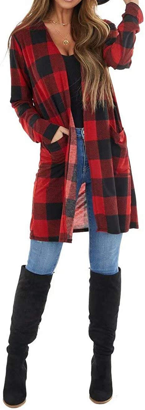 Dressmine Women's Long Sleeve Open Front Cardigan Buffalo Plaid Knitted Maxi Sweater Coat Outwear Red X_Large