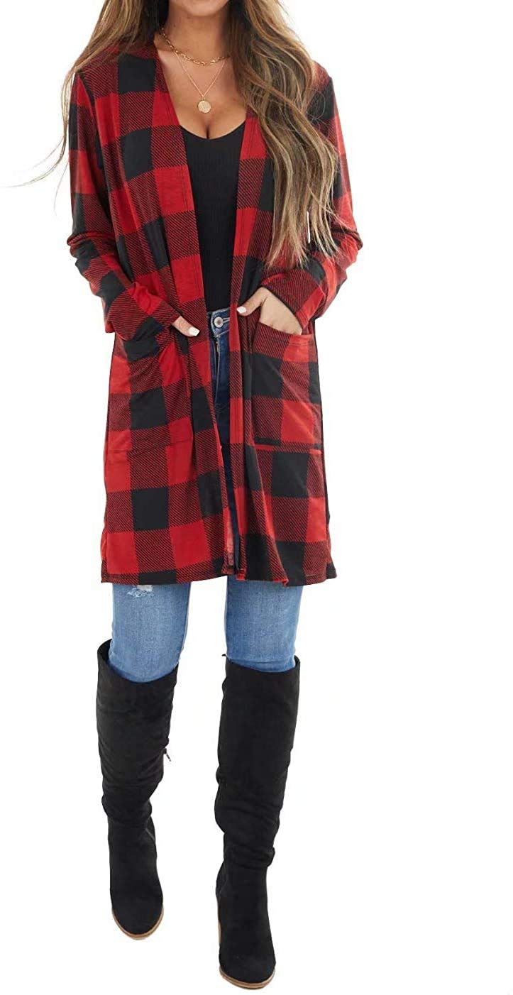 Dressmine Women's Long Sleeve Open Front Cardigan Buffalo Plaid Knitted Maxi Sweater Coat Outwear Red X_Large