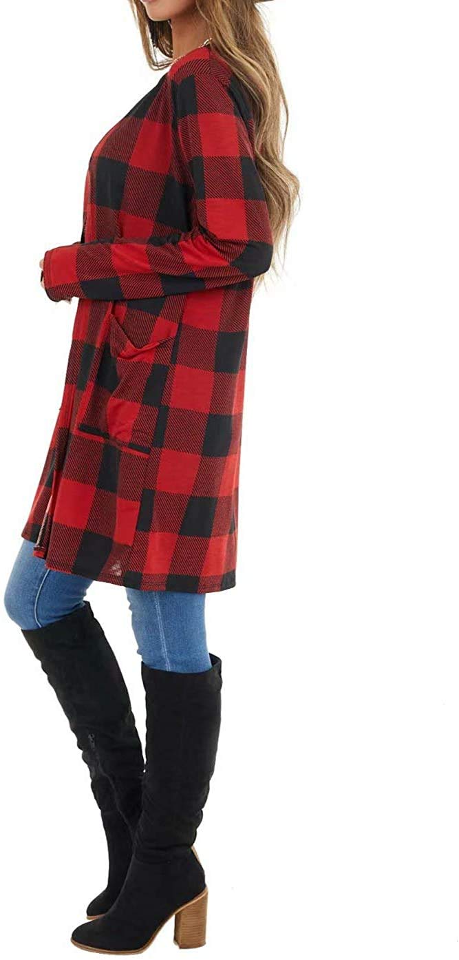 Dressmine Women's Long Sleeve Open Front Cardigan Buffalo Plaid Knitted Maxi Sweater Coat Outwear Red X_Large