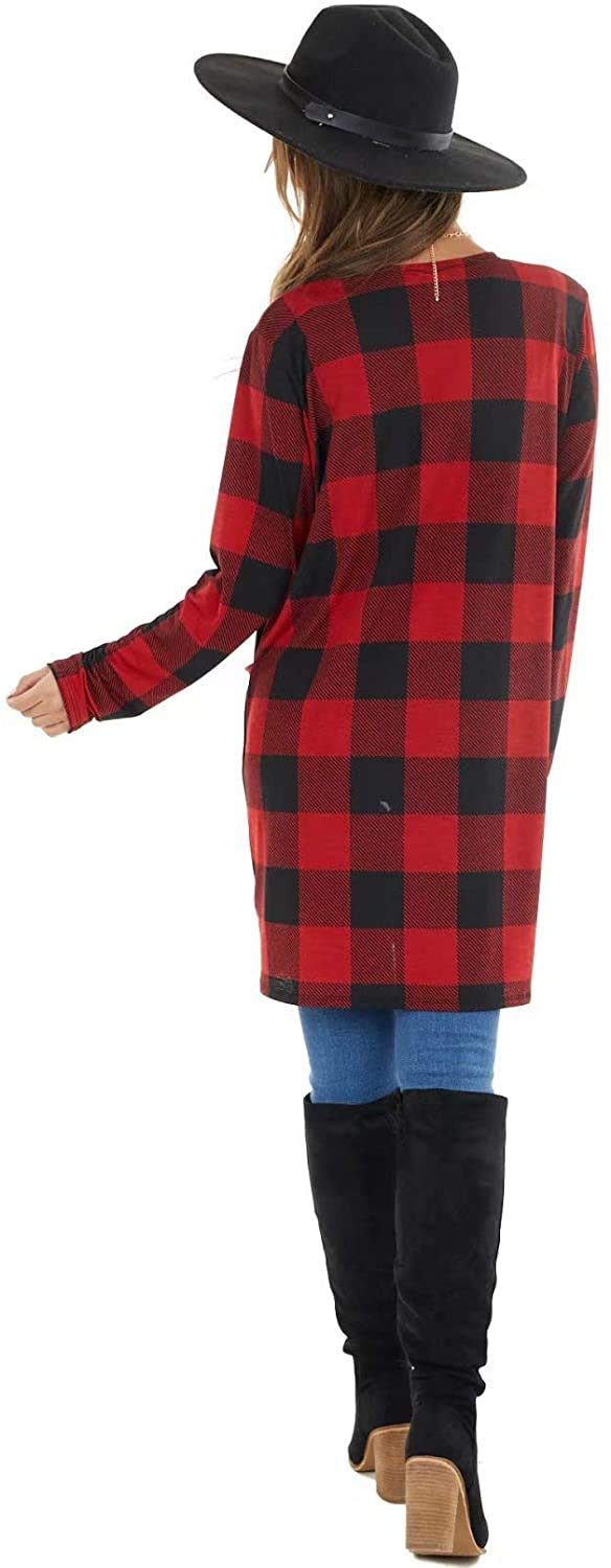 Dressmine Women's Long Sleeve Open Front Cardigan Buffalo Plaid Knitted Maxi Sweater Coat Outwear Red X_Large