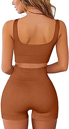 Women's Seamless Ribbed Crop Tank and Tummy Control Biker Shorts Jumpsuit Romper Set 2 Piece Workout Outfit Coffee L