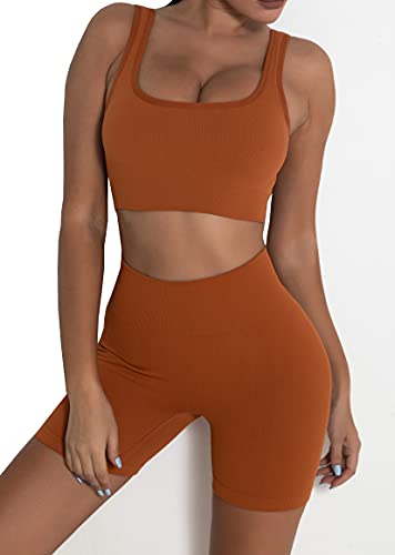 Women's Seamless Ribbed Crop Tank and Tummy Control Biker Shorts Jumpsuit Romper Set 2 Piece Workout Outfit Coffee L