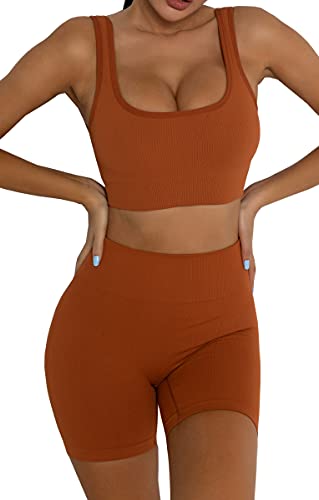 Women's Seamless Ribbed Crop Tank and Tummy Control Biker Shorts Jumpsuit Romper Set 2 Piece Workout Outfit Coffee L