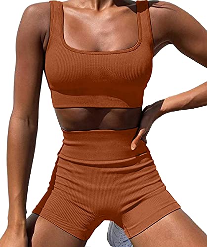 Women's Seamless Ribbed Crop Tank and Tummy Control Biker Shorts Jumpsuit Romper Set 2 Piece Workout Outfit Coffee L
