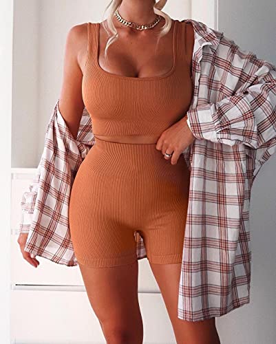 Women's Seamless Ribbed Crop Tank and Tummy Control Biker Shorts Jumpsuit Romper Set 2 Piece Workout Outfit Coffee L
