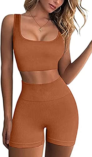 Women's Seamless Ribbed Crop Tank and Tummy Control Biker Shorts Jumpsuit Romper Set 2 Piece Workout Outfit Coffee L