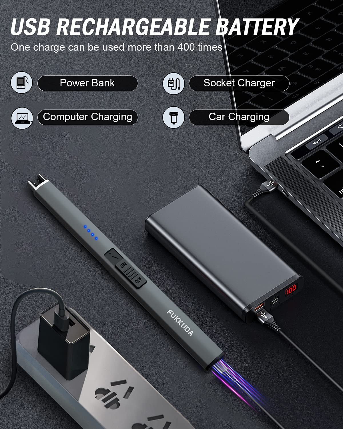 FUKKUDA Electric Candle Lighter with Safety Switch - USB Rechargeable Windproof & Flameless Plasma Arc Lighter for Easter Basket Stuffers (Space Grey)