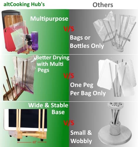 altCooking Hub Bamboo Plastic Bag Drying Rack & Bamboo Bottle Brush - Multipurpose Dish Drying Rack for Silicone Reusable Bags, Baby Bottles, Water Bottles, Plates, Wine Glasses