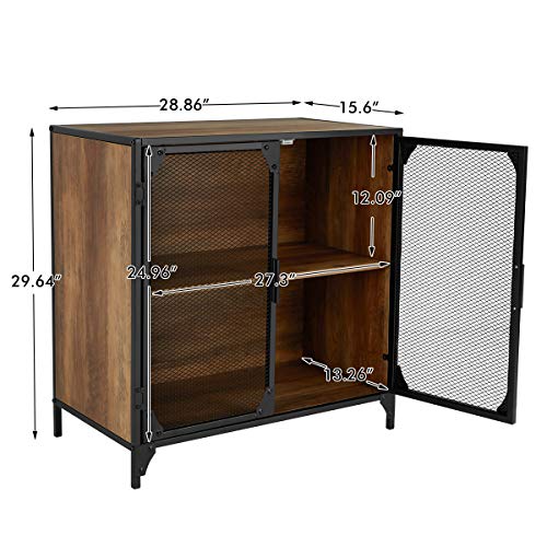 MELLCOM Buffet Cabinet, Industrial Liquor Cabinet with Metal Mesh 2 Doors, Wooden Freestanding Storage Cabinet for Home, Living Room and Kitchen, Brown
