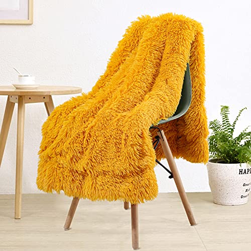 LOCHAS Super Soft Shaggy Faux Fur Throw Blanket, Plush Fuzzy Sherpa Throw Blanket for Couch, Cozy Fluffy Yellow Blankets for Bed Chair Sofa, 50'' x 60''