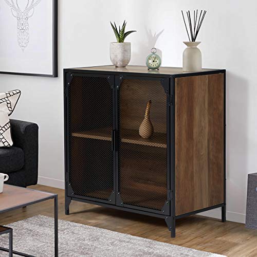 MELLCOM Buffet Cabinet, Industrial Liquor Cabinet with Metal Mesh 2 Doors, Wooden Freestanding Storage Cabinet for Home, Living Room and Kitchen, Brown