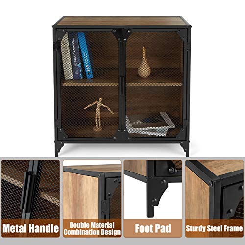 MELLCOM Buffet Cabinet, Industrial Liquor Cabinet with Metal Mesh 2 Doors, Wooden Freestanding Storage Cabinet for Home, Living Room and Kitchen, Brown