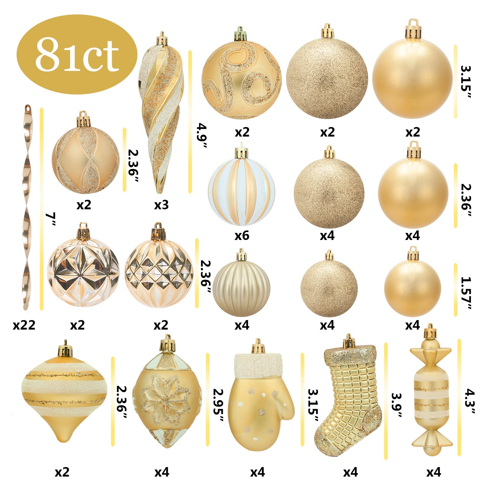 AMS 81ct Christmas Ball Ornaments Holiday Tree Decorations in a Reusable Hand-Help Gift Box for Xmas Tree Decor(Gold)