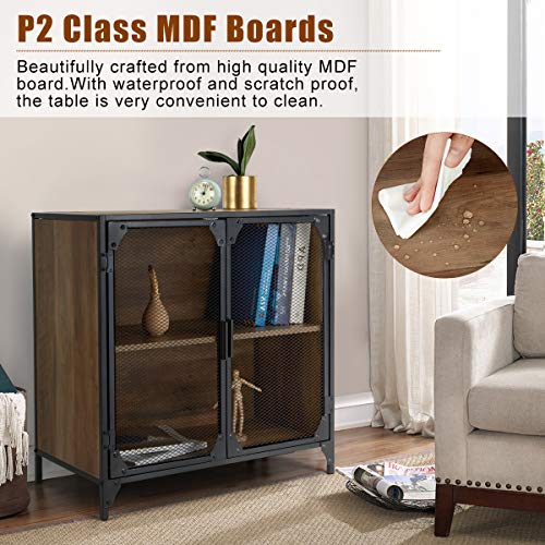 MELLCOM Buffet Cabinet, Industrial Liquor Cabinet with Metal Mesh 2 Doors, Wooden Freestanding Storage Cabinet for Home, Living Room and Kitchen, Brown