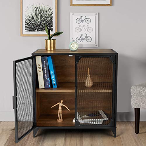 MELLCOM Buffet Cabinet, Industrial Liquor Cabinet with Metal Mesh 2 Doors, Wooden Freestanding Storage Cabinet for Home, Living Room and Kitchen, Brown