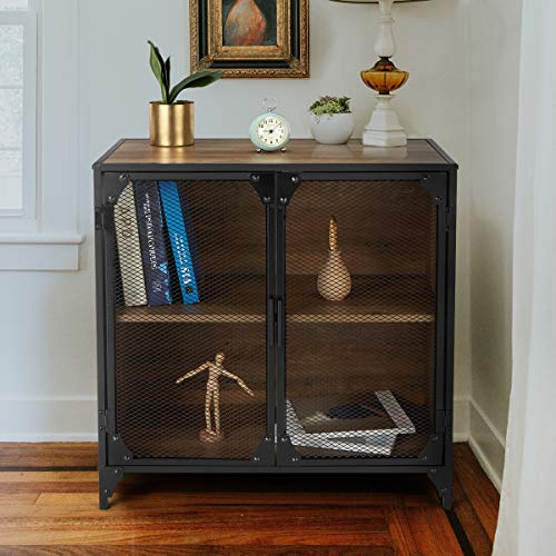 MELLCOM Buffet Cabinet, Industrial Liquor Cabinet with Metal Mesh 2 Doors, Wooden Freestanding Storage Cabinet for Home, Living Room and Kitchen, Brown