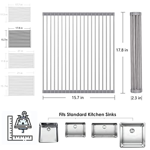 Tomorotec Roll Up Dish Drying Rack Over The Sink Grey Large Dish Drying Rack Rolling Foldable Collapsible SUS304 Stainless Steel Multipurpose Dish Drainer for Kitchen Counter (17.8”x15.7”)