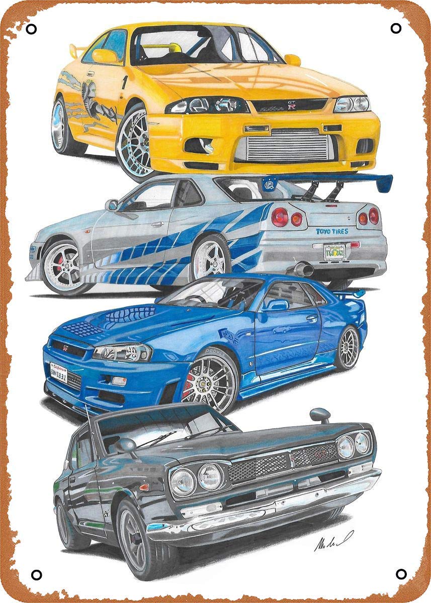 Keviewly Vintage Look Metal Sign - Cars Fast and Furious Skyline - 8 x 12 Tin Sign