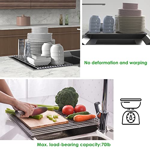 Tomorotec Roll Up Dish Drying Rack Over The Sink Grey Large Dish Drying Rack Rolling Foldable Collapsible SUS304 Stainless Steel Multipurpose Dish Drainer for Kitchen Counter (17.8”x15.7”)