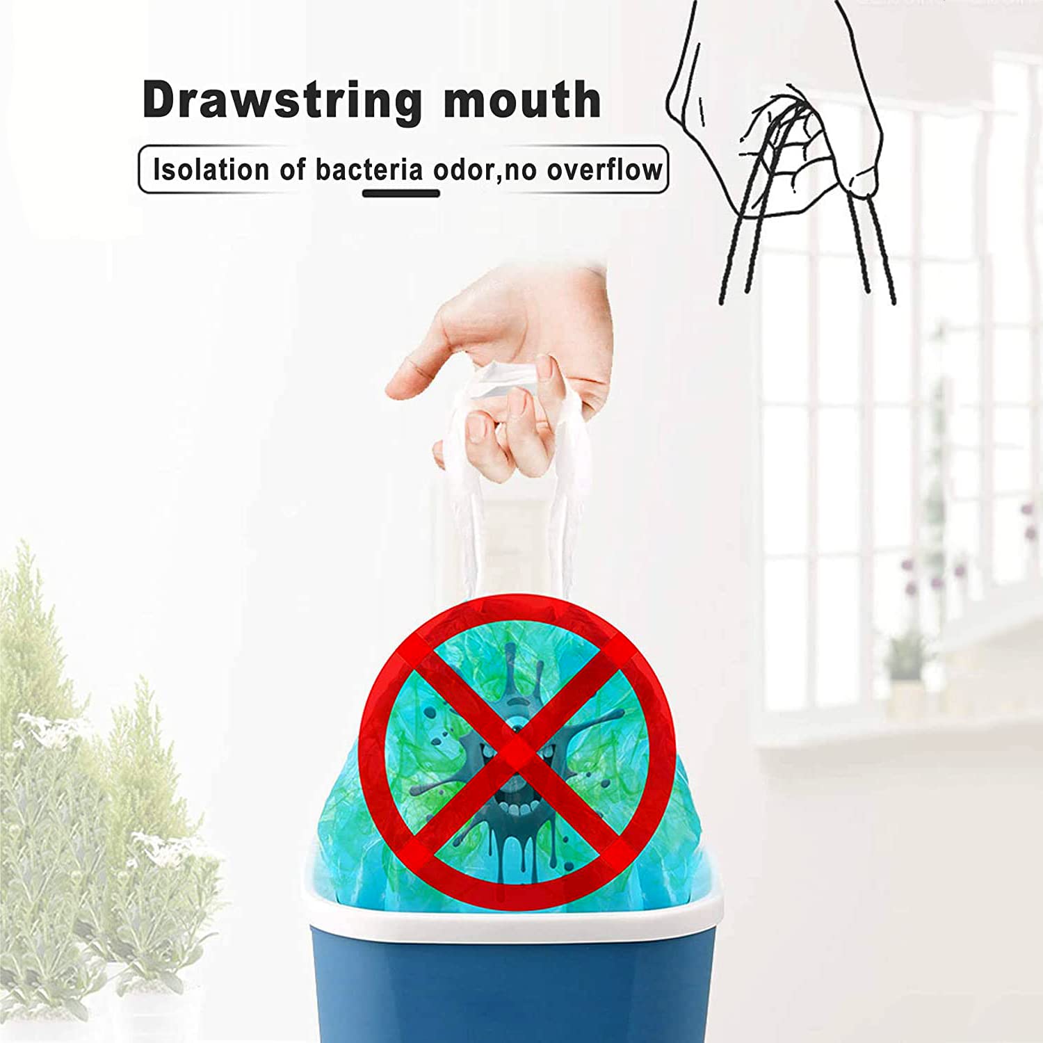 Small garbage bag, 0.8-1.2 gallon drawstring garbage bag, garbage bag lining, super strong 60 count for household, kitchen, office, car (blue, 0.8-1.2 gallons (60 count)(Hook inside the bag)