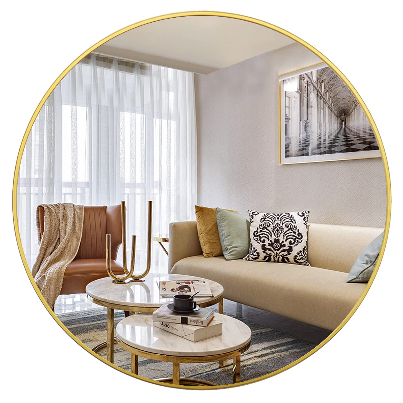 AULESET 48" Round Mirror, Gold Large Circle Wall Mirror Decor for Bedroom, Washrooms, Living Rooms & Entryway