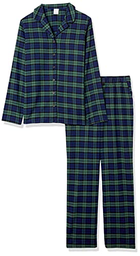 Amazon Essentials Women's Flannel Long-Sleeve Button Front Shirt and Pant Pajama Set, Cobalt Blue Green Blackwatch Plaid, XX-Large