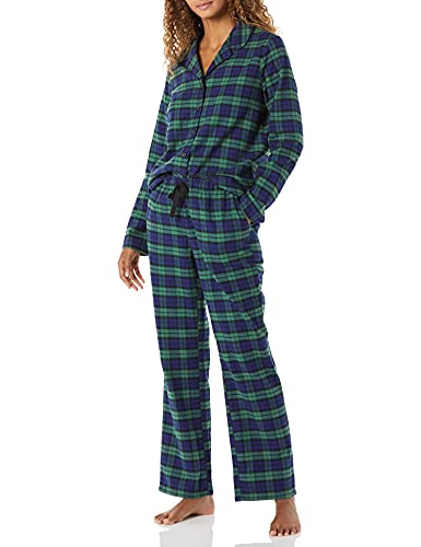 Amazon Essentials Women's Flannel Long-Sleeve Button Front Shirt and Pant Pajama Set, Cobalt Blue Green Blackwatch Plaid, XX-Large