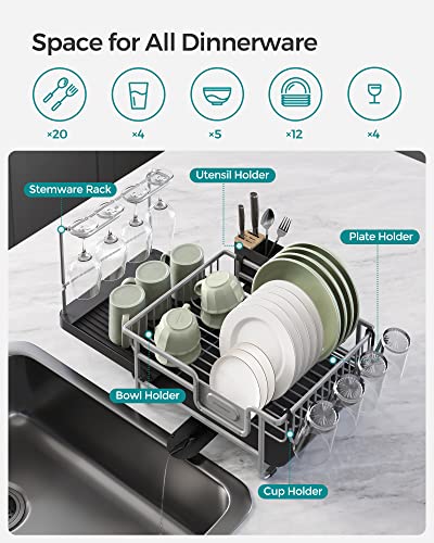 SONGMICS Dish Drying Rack, Rustproof Aluminum Dish Drainer with 21.1-28.2 Inches Expandable Drainboard, Rotatable Spout, for Kitchen Counter, Glass and Cup Holders, Silver and Black UKCS031E01