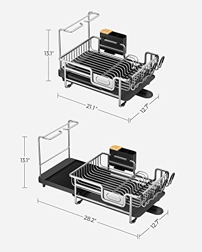 SONGMICS Dish Drying Rack, Rustproof Aluminum Dish Drainer with 21.1-28.2 Inches Expandable Drainboard, Rotatable Spout, for Kitchen Counter, Glass and Cup Holders, Silver and Black UKCS031E01
