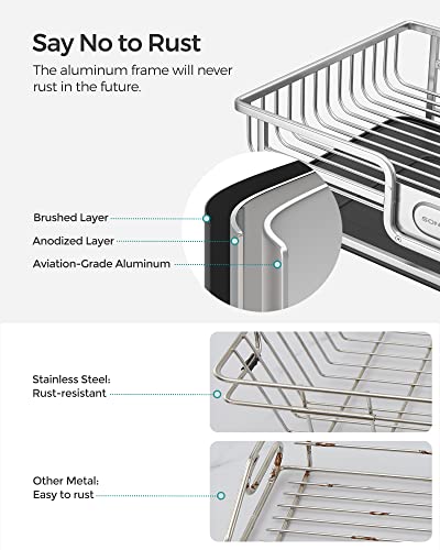 SONGMICS Dish Drying Rack, Rustproof Aluminum Dish Drainer with 21.1-28.2 Inches Expandable Drainboard, Rotatable Spout, for Kitchen Counter, Glass and Cup Holders, Silver and Black UKCS031E01