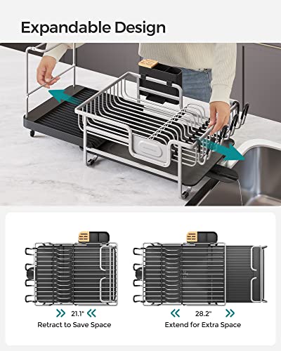 SONGMICS Dish Drying Rack, Rustproof Aluminum Dish Drainer with 21.1-28.2 Inches Expandable Drainboard, Rotatable Spout, for Kitchen Counter, Glass and Cup Holders, Silver and Black UKCS031E01