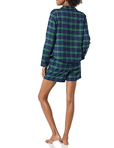 Amazon Essentials Women's Lightweight Woven Flannel Pajama Set with Shorts, Dark Green Navy Blackwatch Plaid, Small