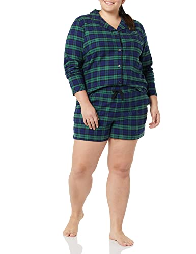 Amazon Essentials Women's Lightweight Woven Flannel Pajama Set with Shorts, Dark Green Navy Blackwatch Plaid, Small