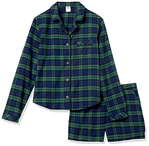 Amazon Essentials Women's Lightweight Woven Flannel Pajama Set with Shorts, Dark Green Navy Blackwatch Plaid, Small