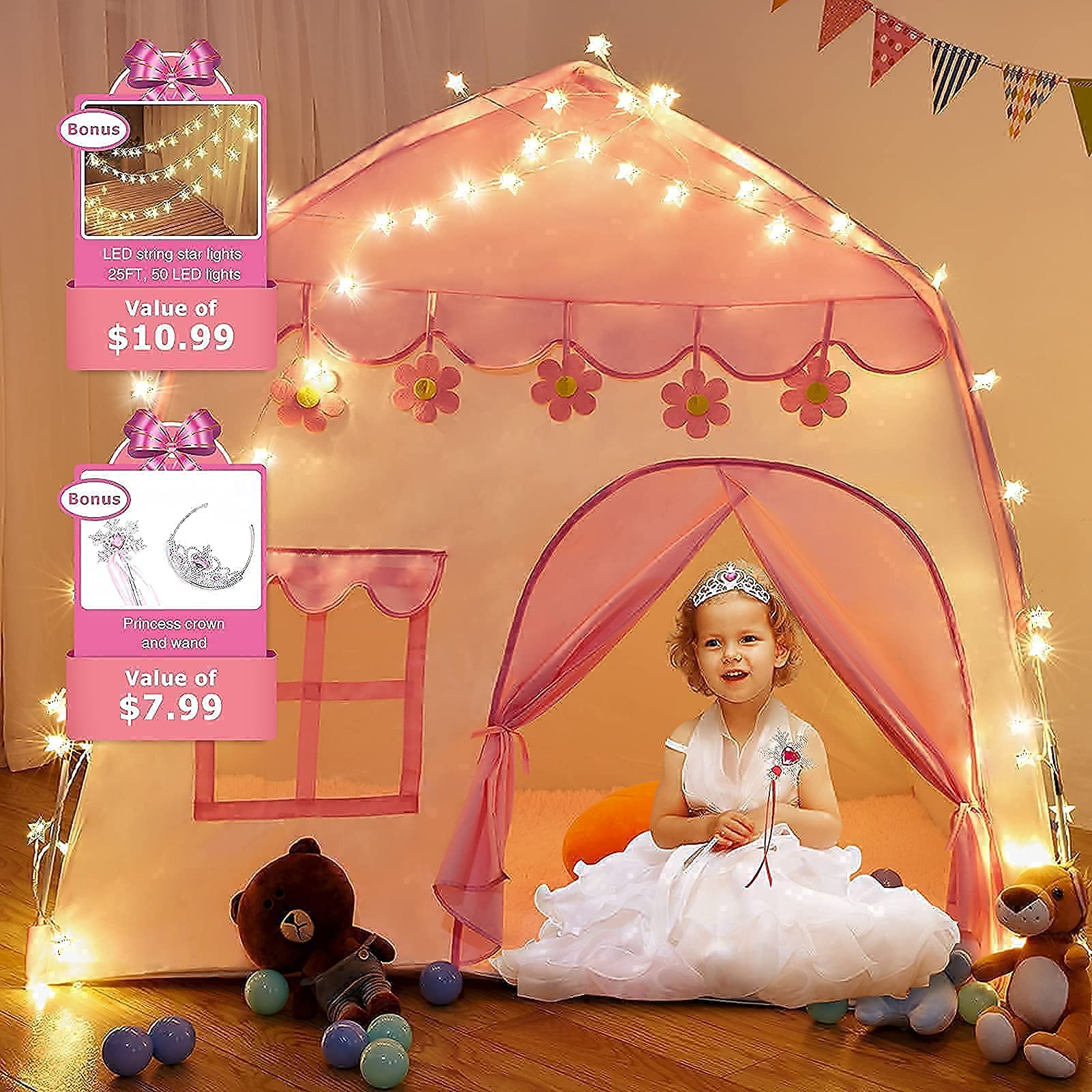 TTLOJ Kids Play Tent and Rectangle Kids Rug Set, Pink Girls Tent, Pink mat