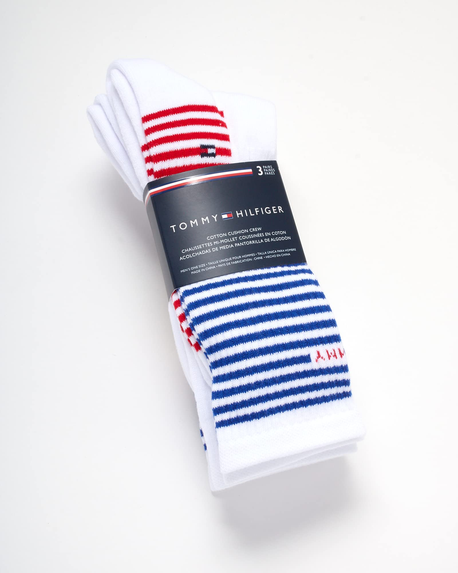 Tommy Hilfiger Men's Athletic Socks - Cushion Crew Socks (3 Pack), Size 7-12, White Stripe