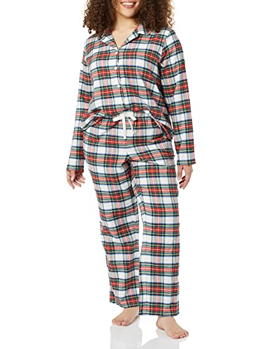 Amazon Essentials Women's Flannel Long-Sleeve Button Front Shirt and Pant Pajama Set, Red Tartan, Large
