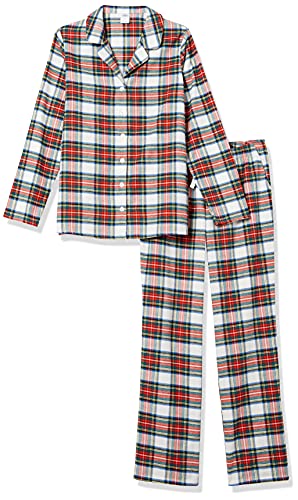 Amazon Essentials Women's Flannel Long-Sleeve Button Front Shirt and Pant Pajama Set, Red Tartan, Large