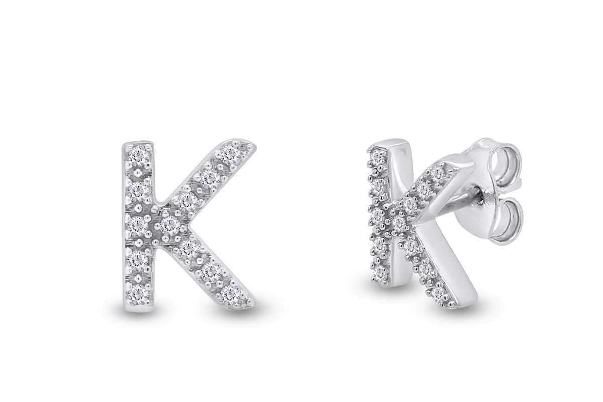 1/10 Carat Round White Natural " Diamond Alphabet Initial Letter "K " Diamond Stud Earrings In 14k White Gold Over Sterling Silver (0.1 Cttw)