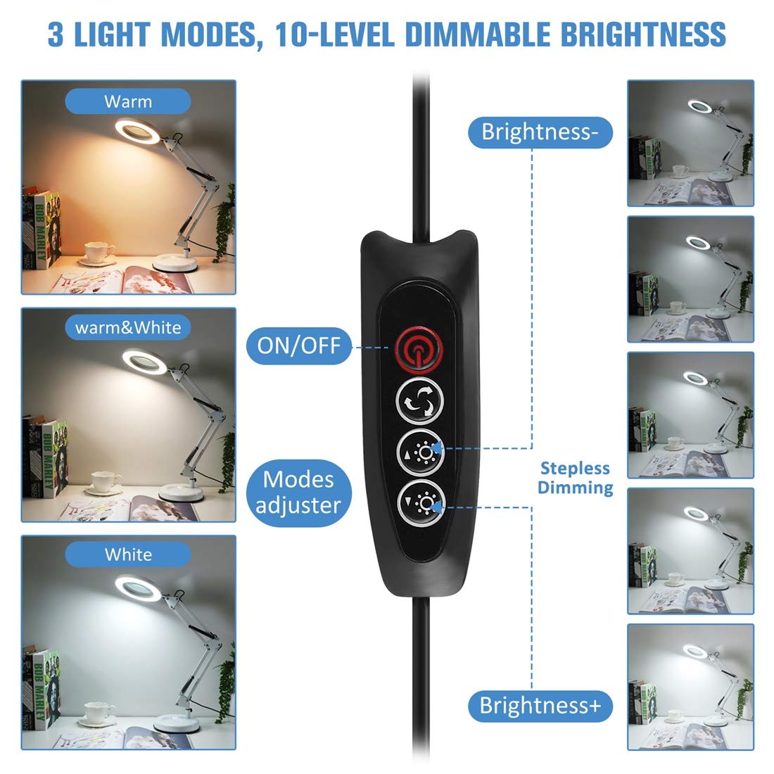 LANCOSC 2-in-1 Magnifying Glass with Light and Stand, 5X Real Glass Lens 3 Color Modes Stepless Dimmable, Adjustable LED Lighted Magnifier Desk Lamp with Clamp for Reading, Crafts, Close Works - White