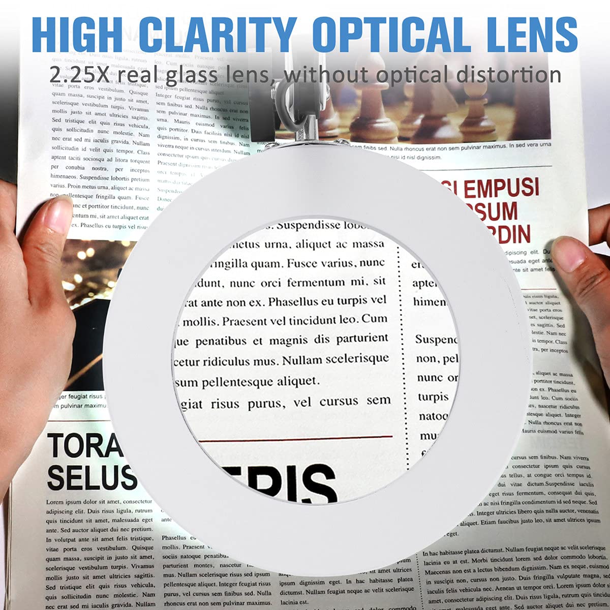 LANCOSC 2-in-1 Magnifying Glass with Light and Stand, 5X Real Glass Lens 3 Color Modes Stepless Dimmable, Adjustable LED Lighted Magnifier Desk Lamp with Clamp for Reading, Crafts, Close Works - White