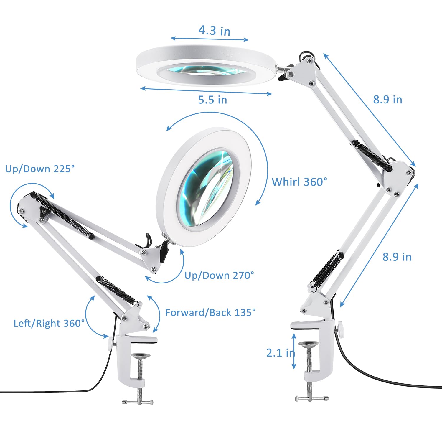 LANCOSC 2-in-1 Magnifying Glass with Light and Stand, 5X Real Glass Lens 3 Color Modes Stepless Dimmable, Adjustable LED Lighted Magnifier Desk Lamp with Clamp for Reading, Crafts, Close Works - White